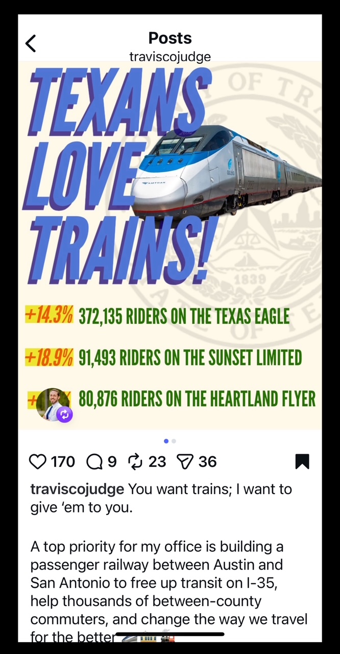 Travis County Judge Andy Brown says "you want trains, I want to give ...